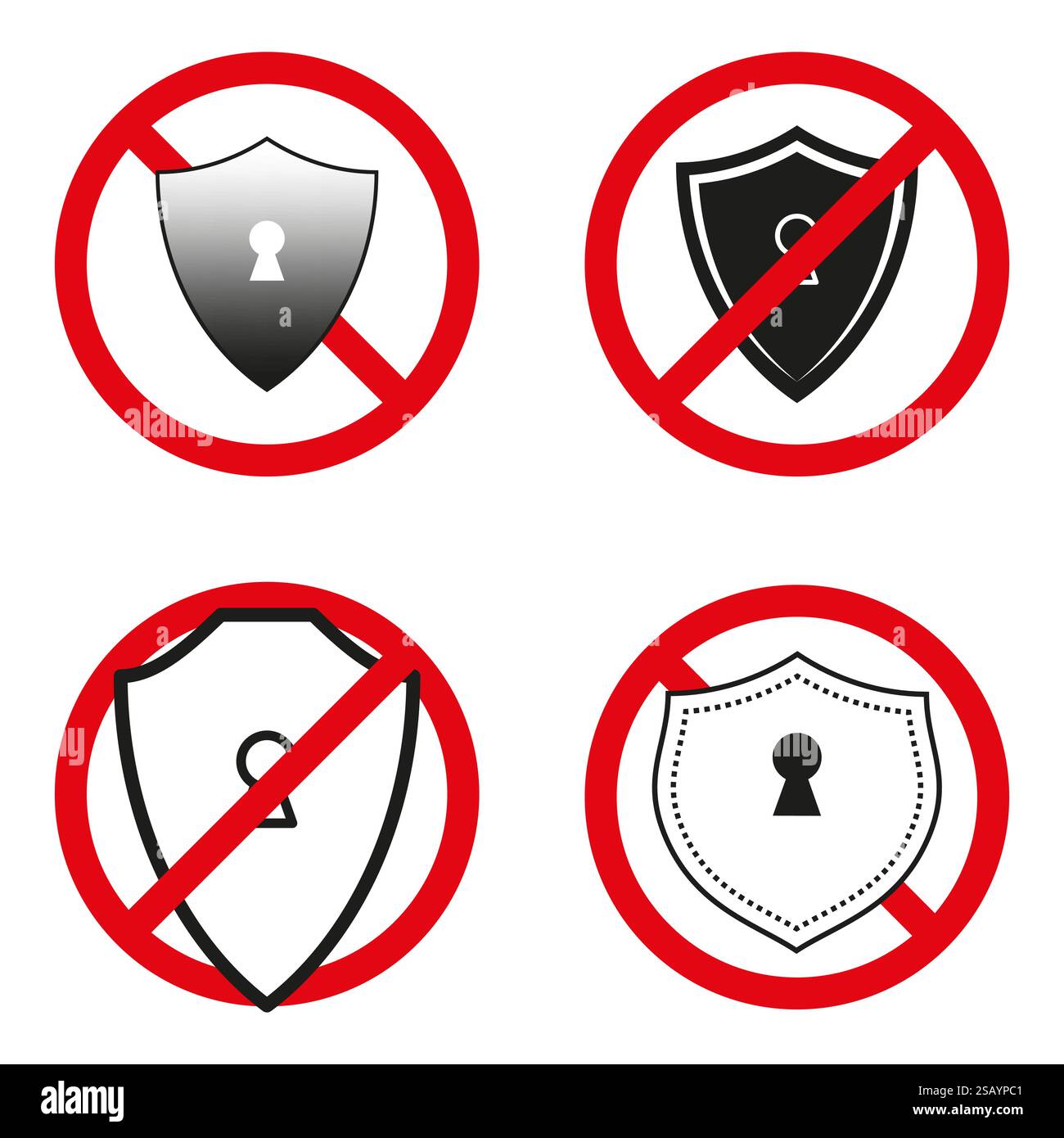 Shield prohibition icons. Keyhole warning signs. Red circle symbols ...