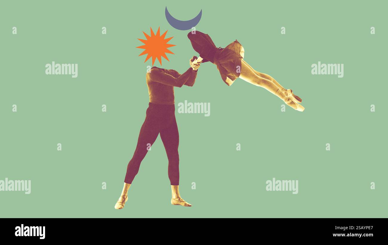 Modern artwork. Male ballet dancer lifting female partner with their ...