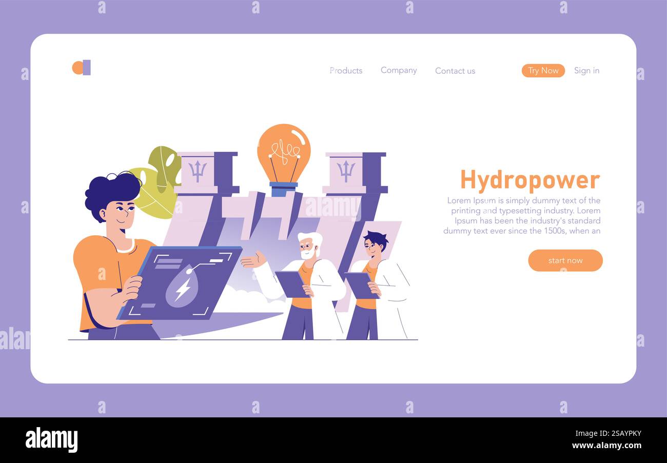 Hydropower concept. Engineers monitor a dam's function, demonstrating ...