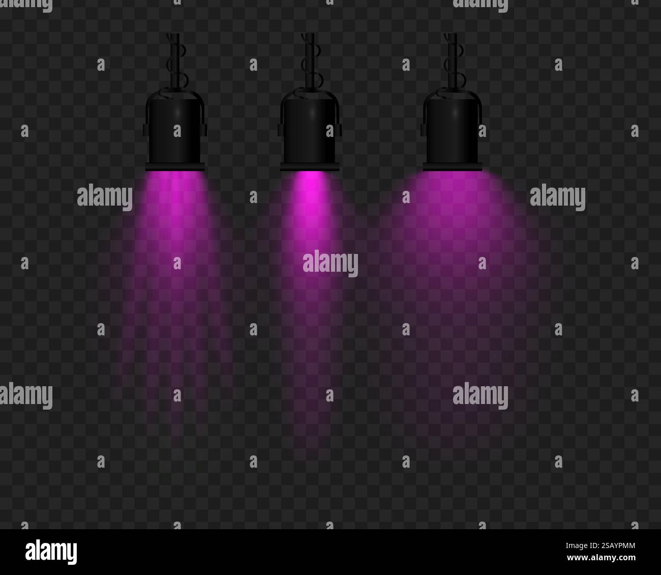 Realistic vector hanging lamps with purple light on a transparent ...