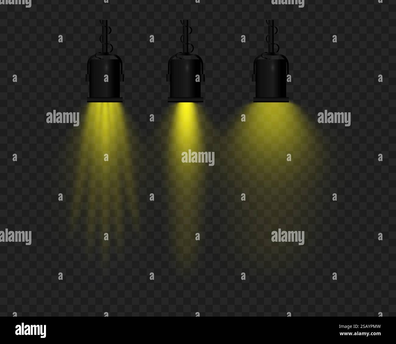 Realistic vector hanging lamps with yellow light on a transparent ...