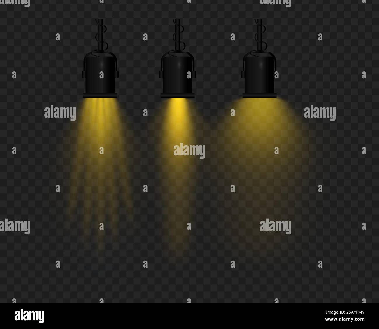 Realistic vector hanging lamps with yellow light on a transparent ...