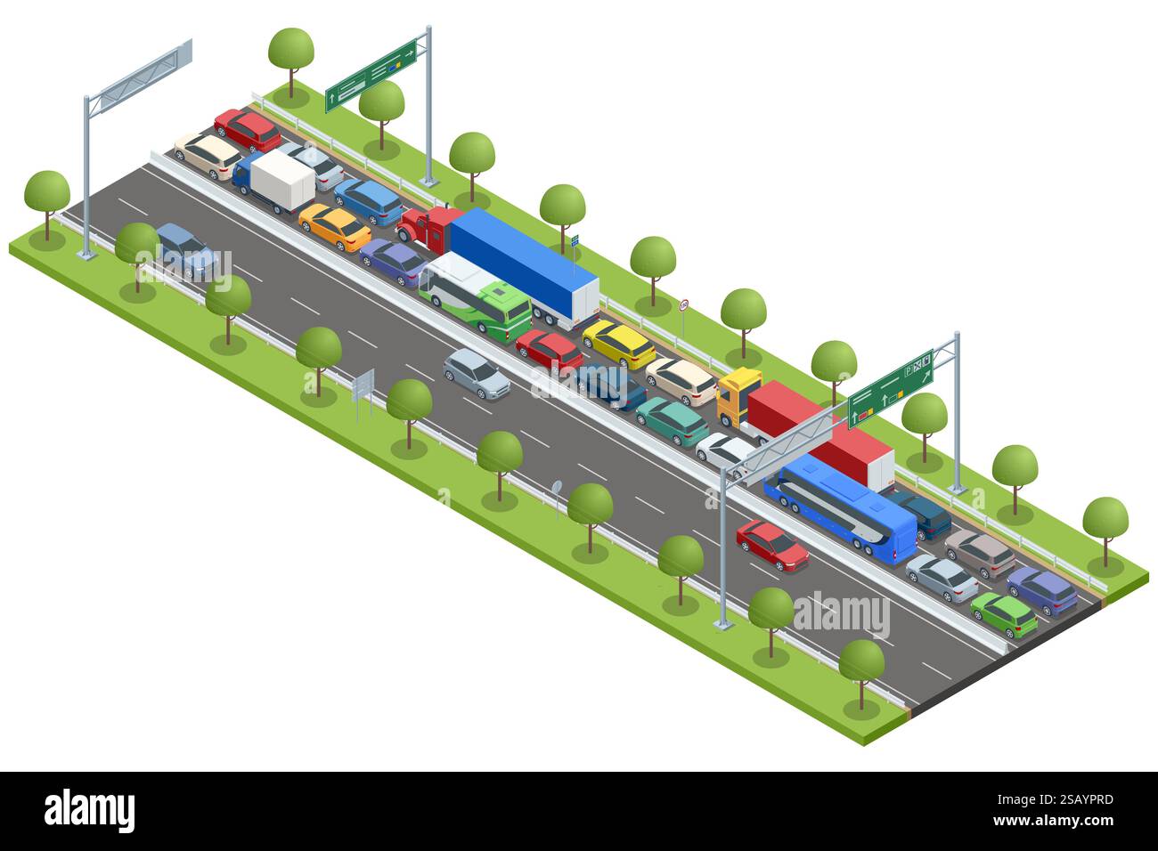 An isometric vector highway scene showing intense traffic congestion ...