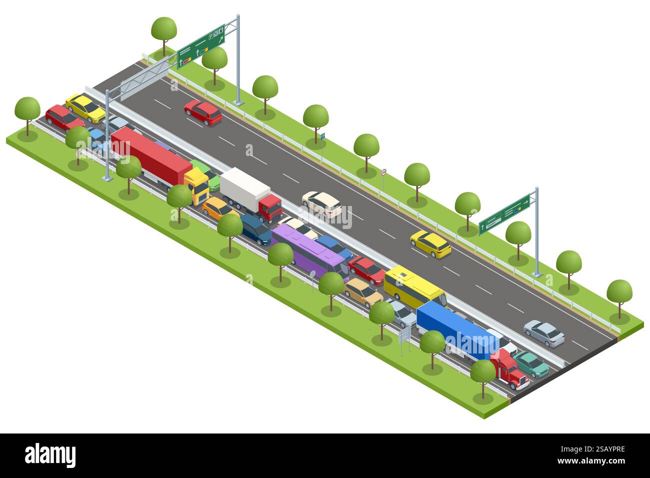 An isometric vector highway scene showing intense traffic congestion. Trucks, buses, and cars ...