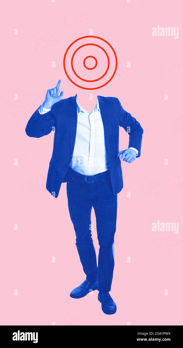 Modern artwork. Businessman in formal suit pointing upward with target ...