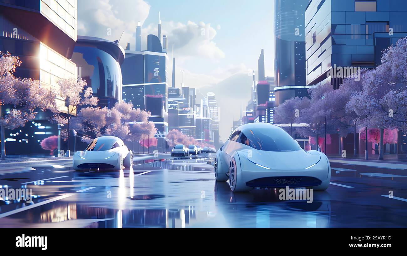 This image depicts a conceptual vision of autonomous vehicles equipped ...