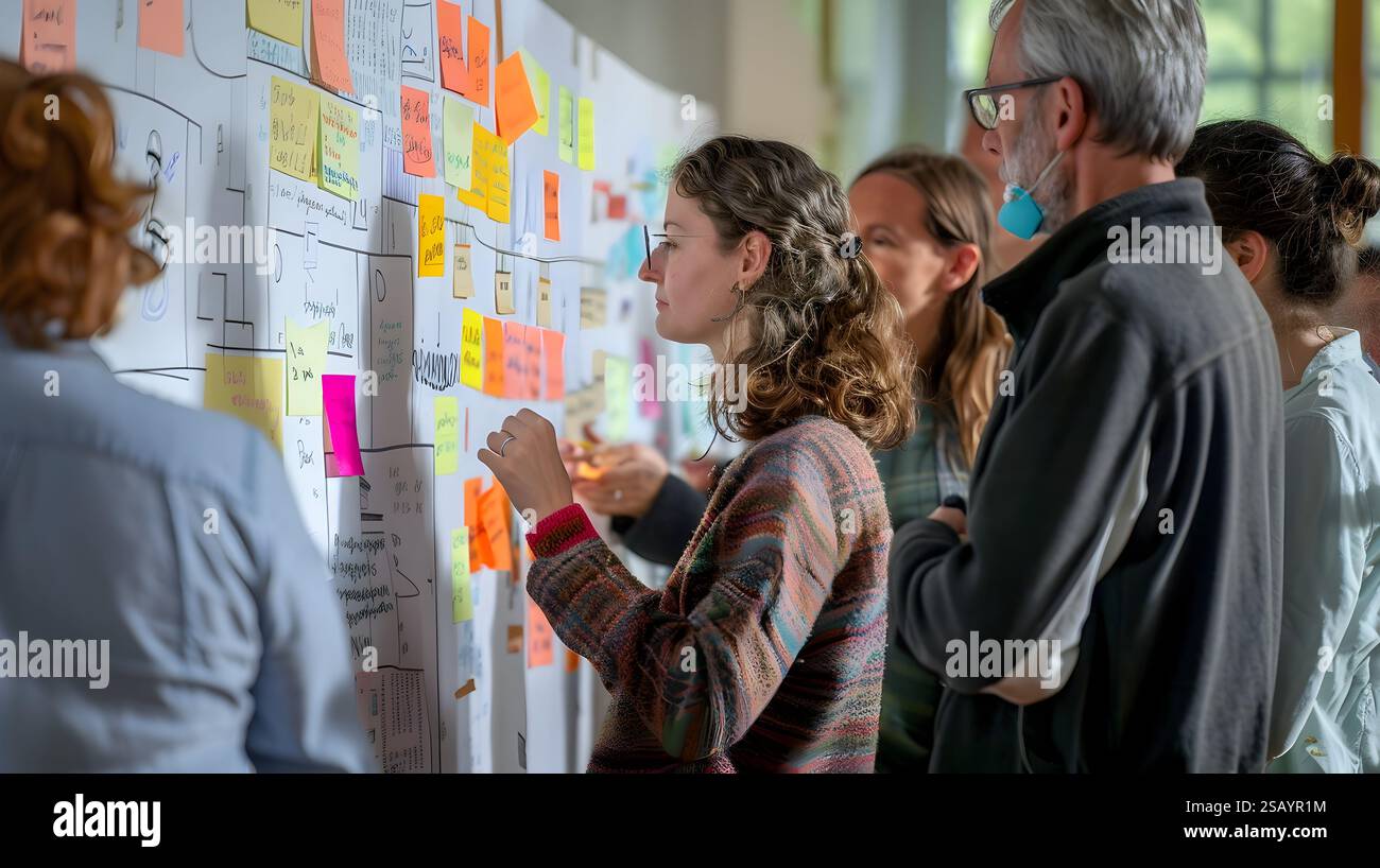 This image depicts a stakeholder-centric workshop setting,where a group ...