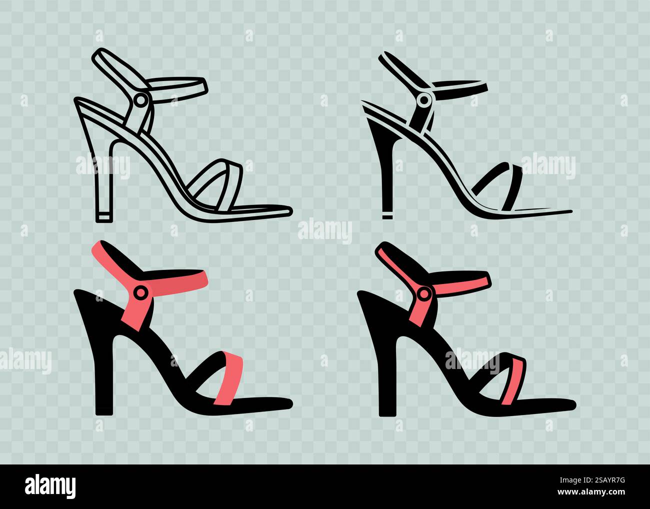Flat Vector Linear Women's High-Heeled Sandals Icon Set Isolated ...