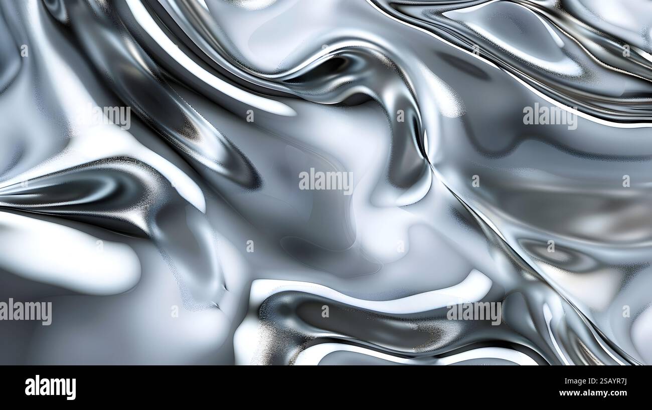 This image depicts a dynamic and smooth flowing liquid silver background,conveying a sense of ...