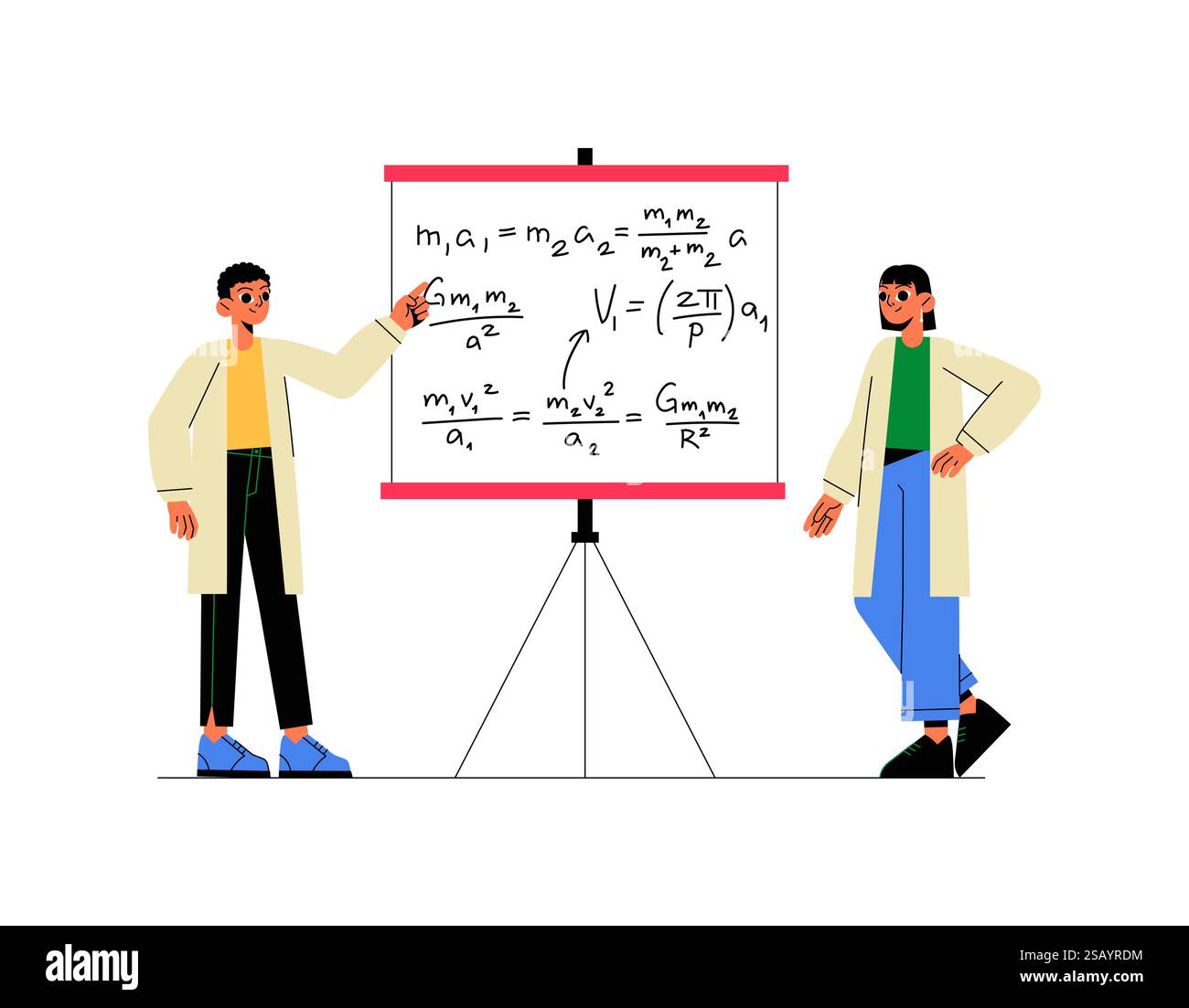 Male And Female Scientists Discussing Mathematical Formulas In Flat ...
