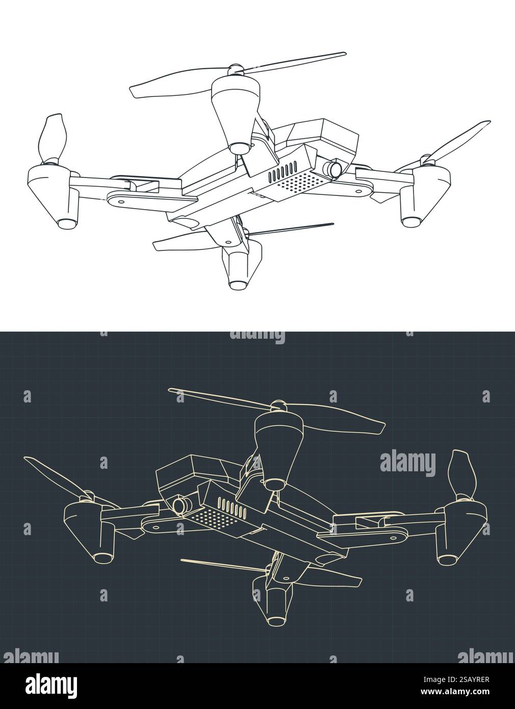 Stylized vector illustrations of a folding drone blueprints Stock ...