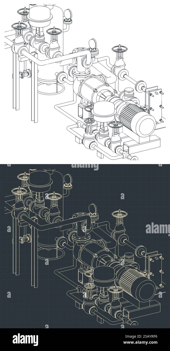 Stylized vector illustrations of a gas compressor blueprints Stock ...
