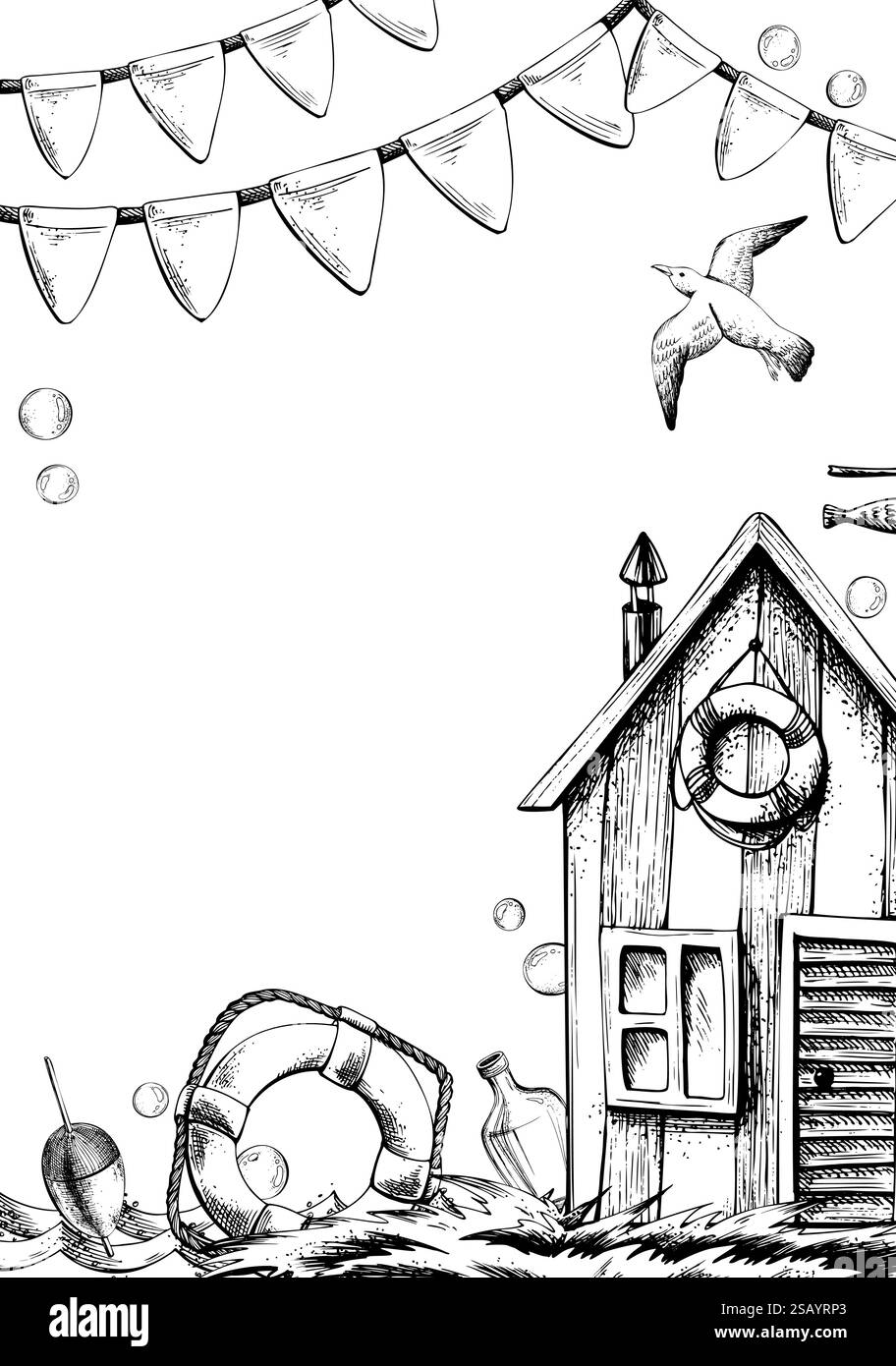 Fishing cabin with lifebuoy and float, seagulls and garlands of flags ...