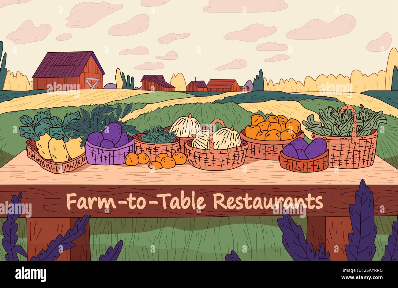 Farm-to-table concept fresh produce baskets rustic countryside setting ...