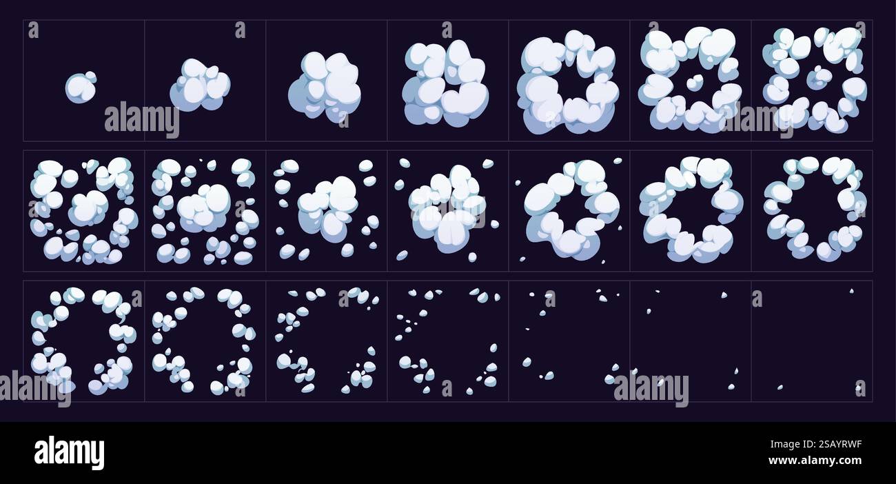 Smoke cloud explosion game sprite. Cartoon animate steam, bomb explosion with white smoke clouds ...