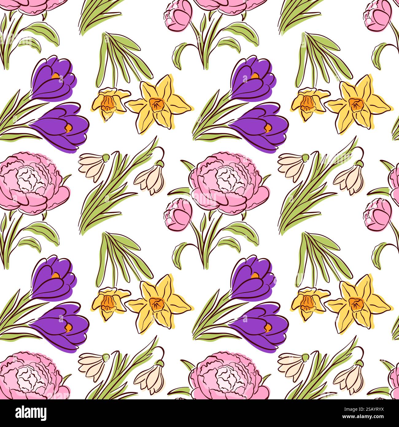Seamless floral pattern with peony, crocus, daffodil and snowdrop in ...