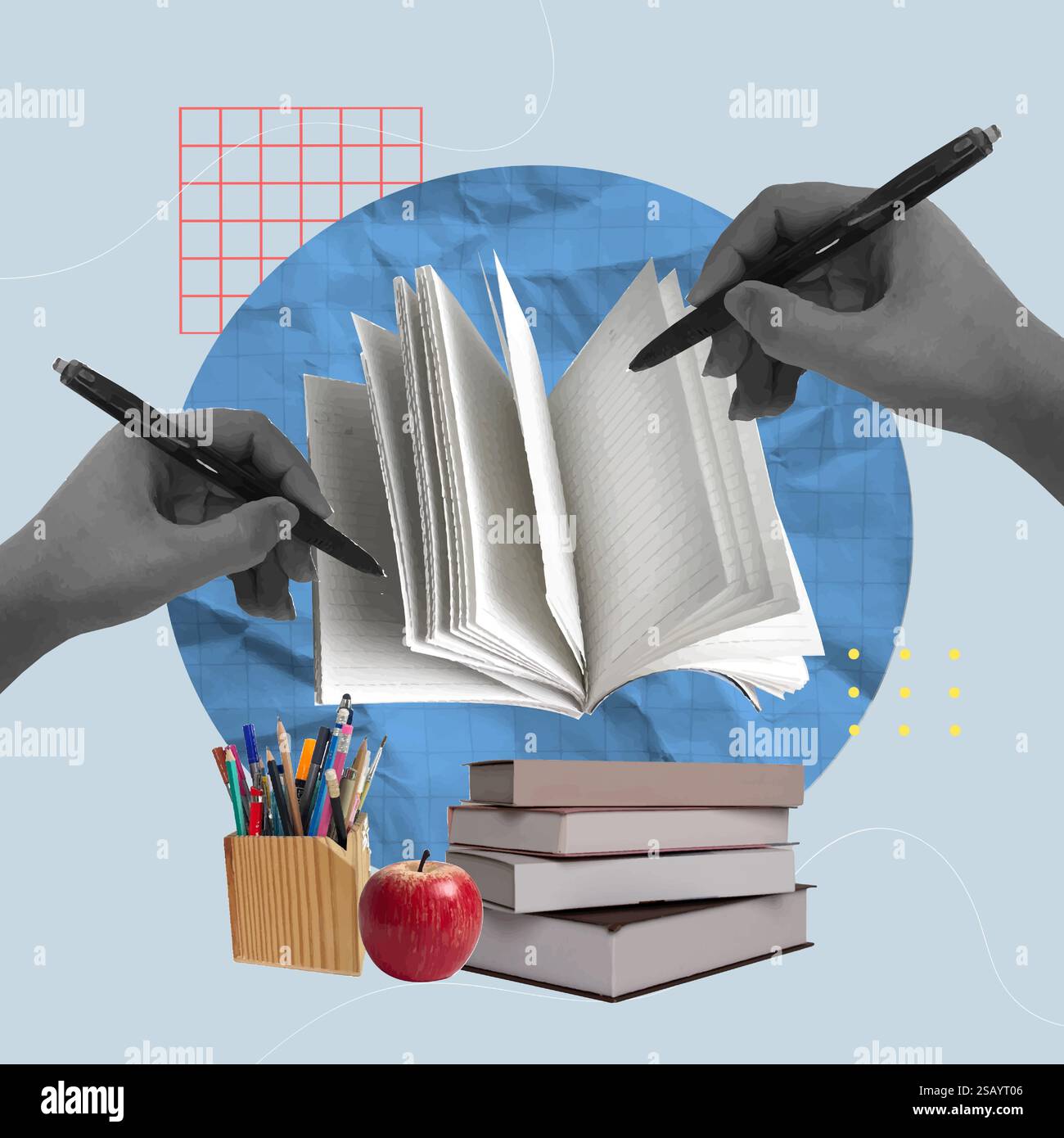 Inspiring collage of hands writing in an open book with colorful ...