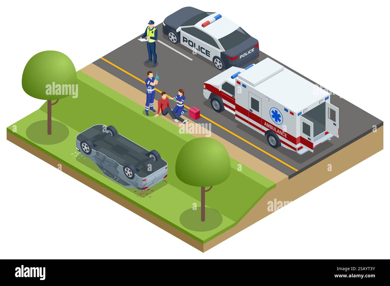 Car crash. Isometric vector showing a car flipped over near a rural ...