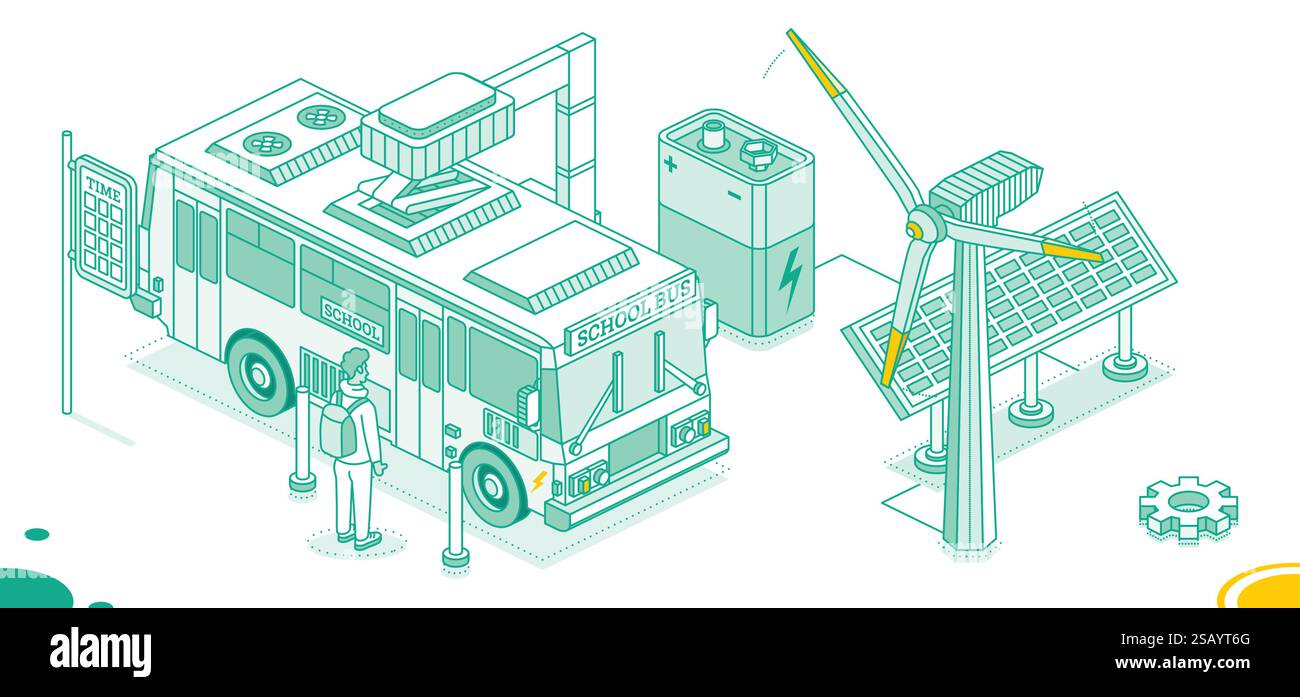 Isometric Electric School Bus on Charging Station. Solar panels with ...