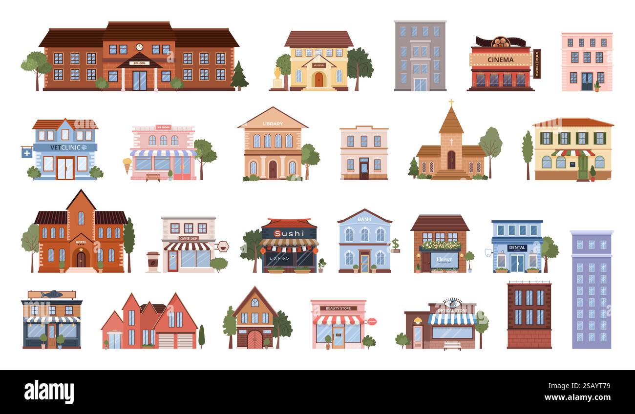 Urban buildings icons set. Shops and restaurants Stock Vector Image ...
