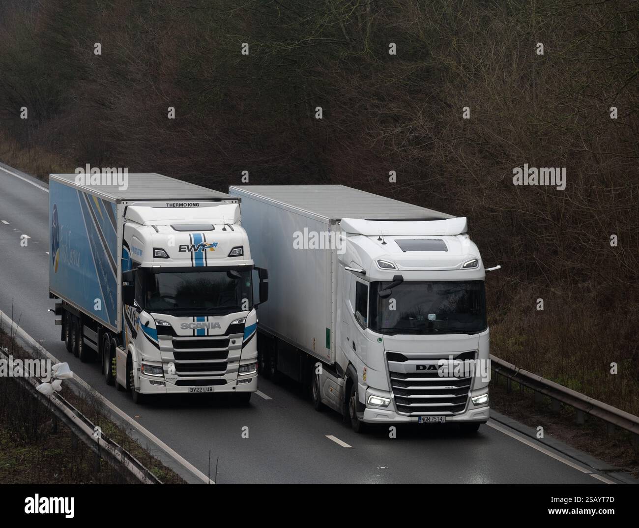 Scania and DAF lorries on the A46 road, Warwick, Warwickshire, England ...