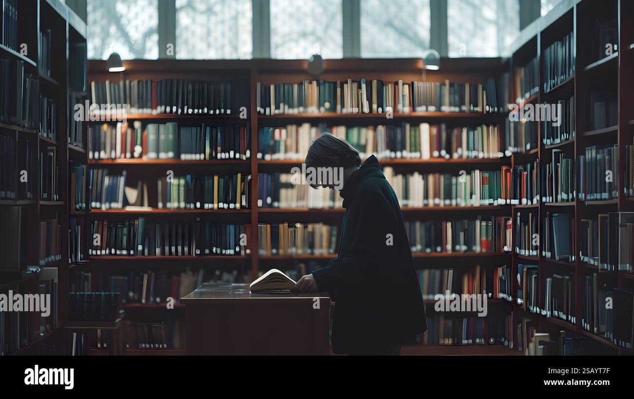 This image depicts a serene and quiet library setting,with rows of ...