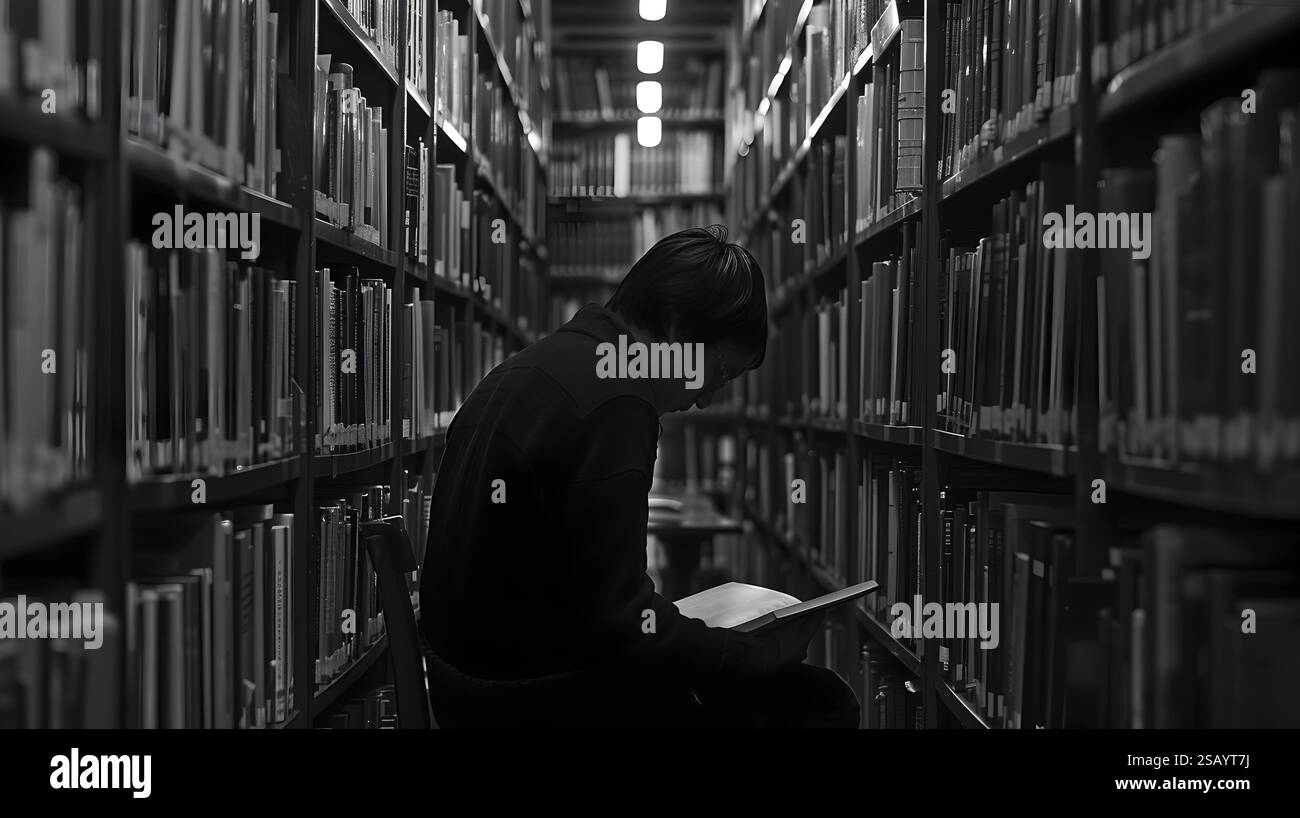 This image depicts a serene and tranquil library setting,with rows of ...