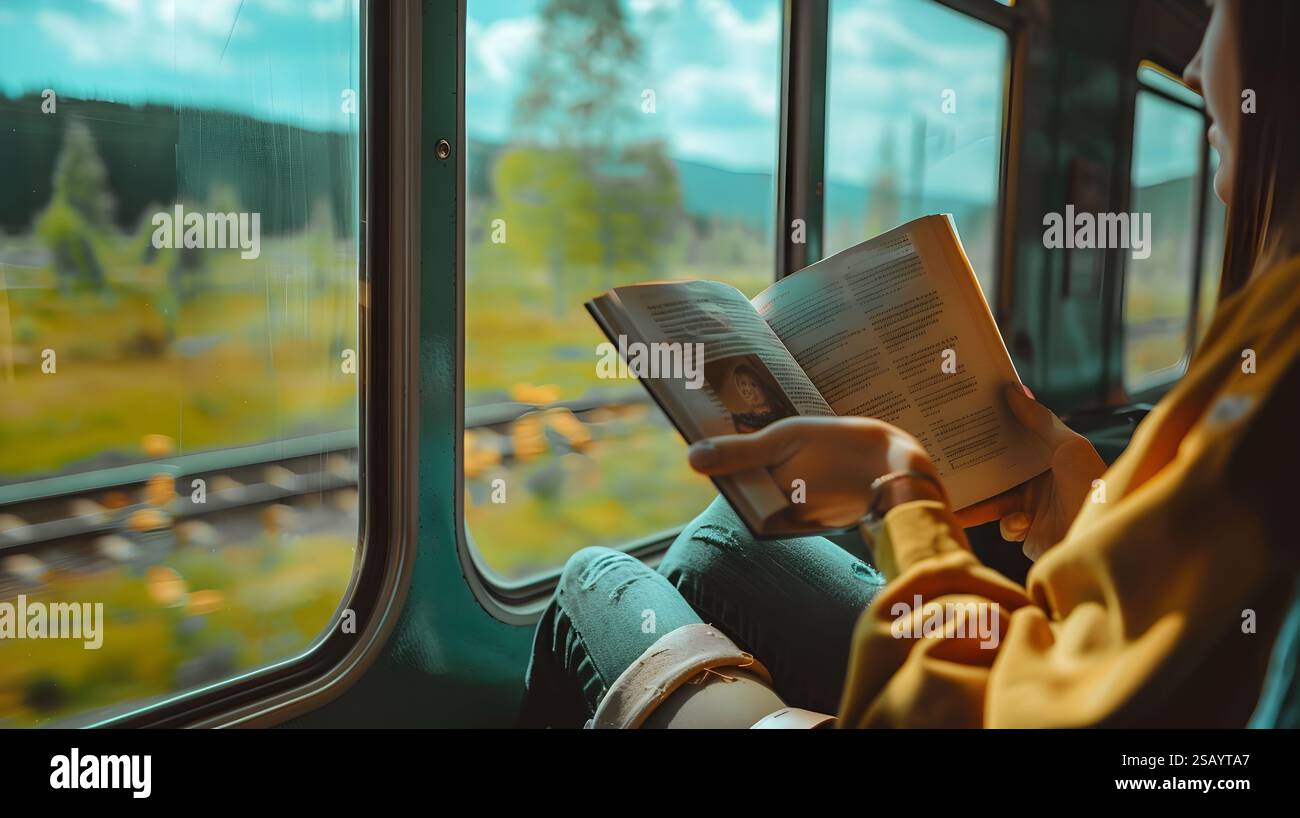 The image captures a traveler deeply immersed in a guidebook,their ...