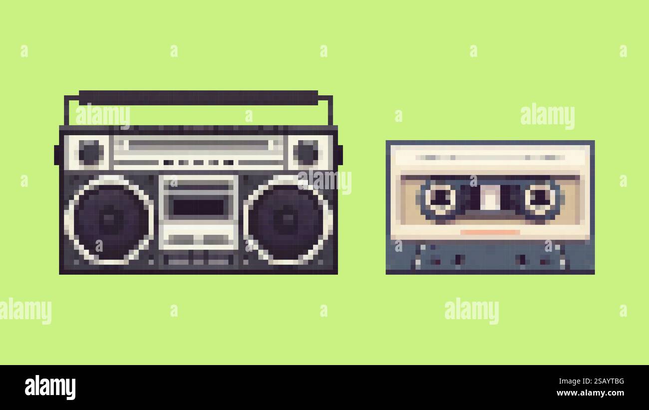 Retro audio player and retro cassette tape. Vector icons in pixel art ...