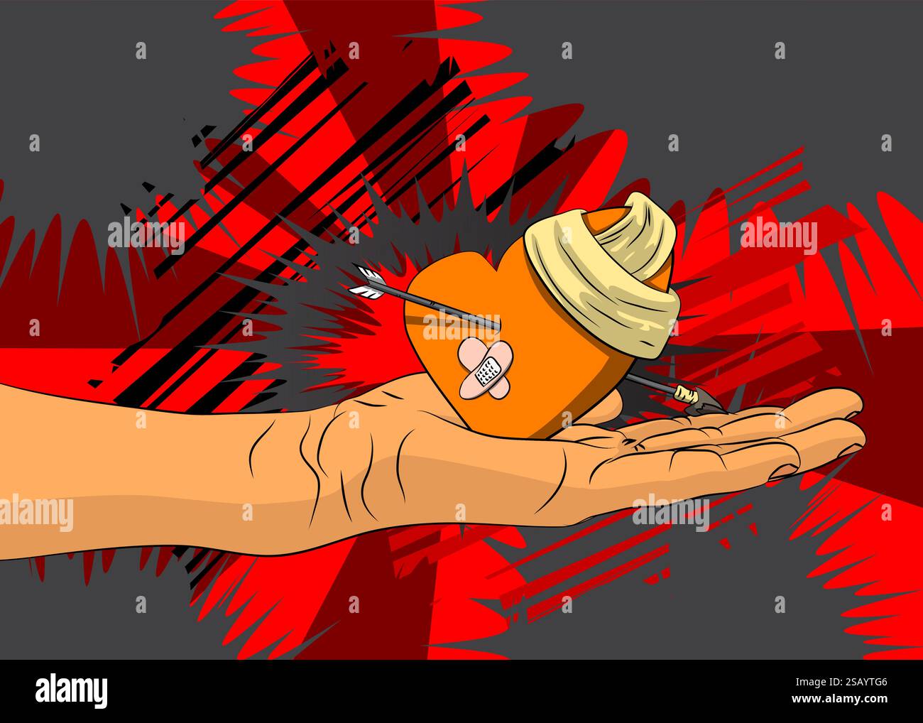 Cartoon, comic book human hands holding Broken Heart. Retro vector ...