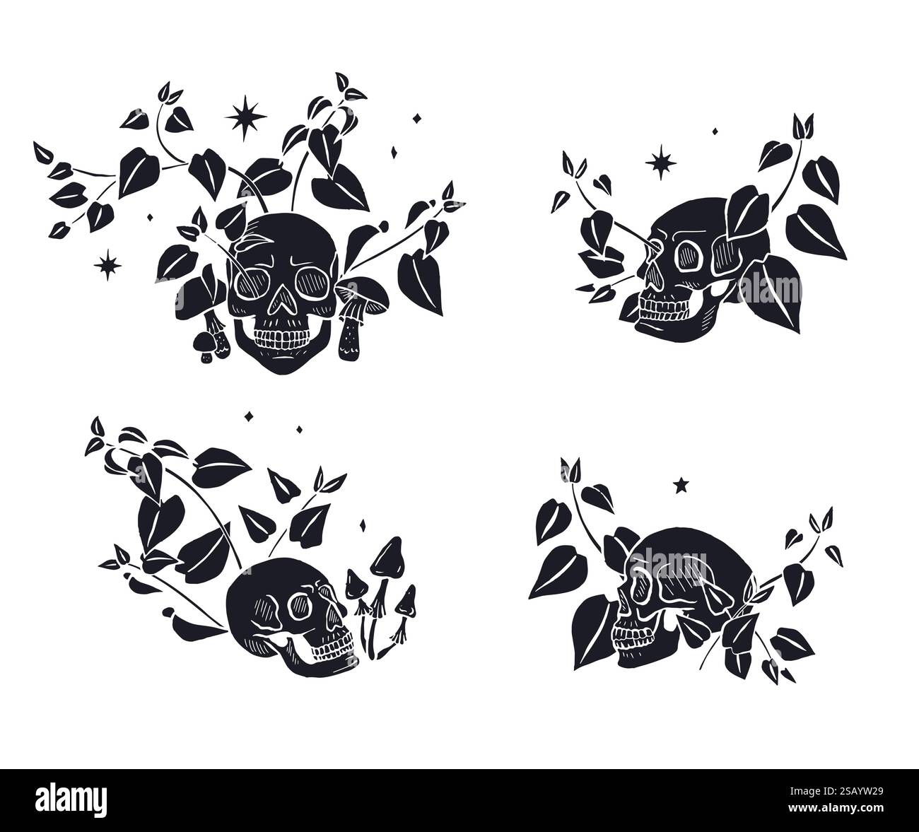 Hand drawn sketchy human skulls surrounded by nettle leaves and ...