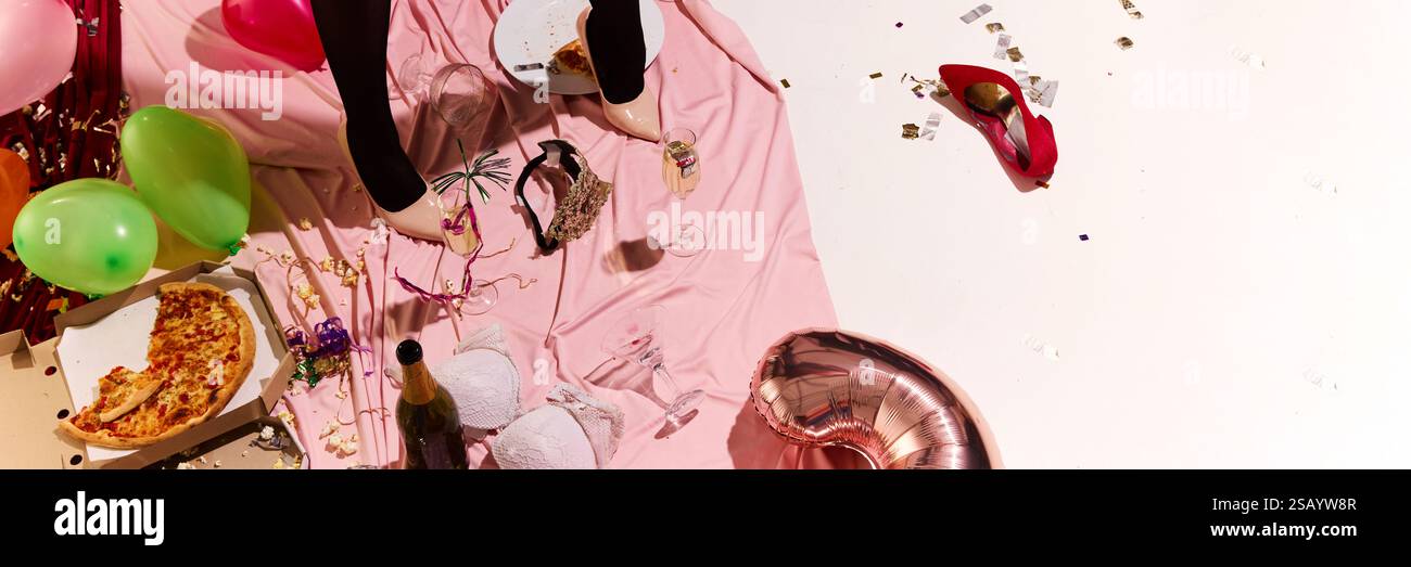 Banner. Aerial view of drunk, exhausted woman in beige high hells ...