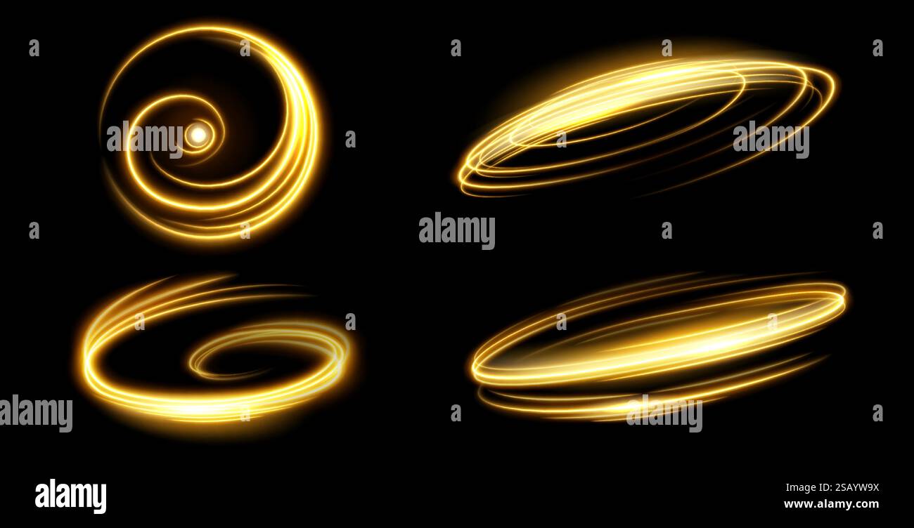 Speed light spirals and circular trails set - golden luminous swirls ...