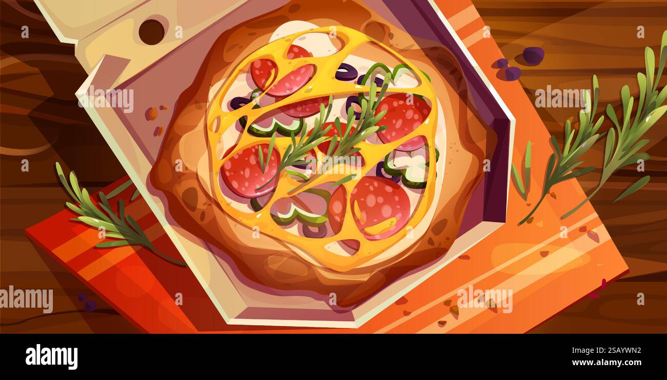 Cartoon pizza in open delivery box with melted cheese, salami slices ...