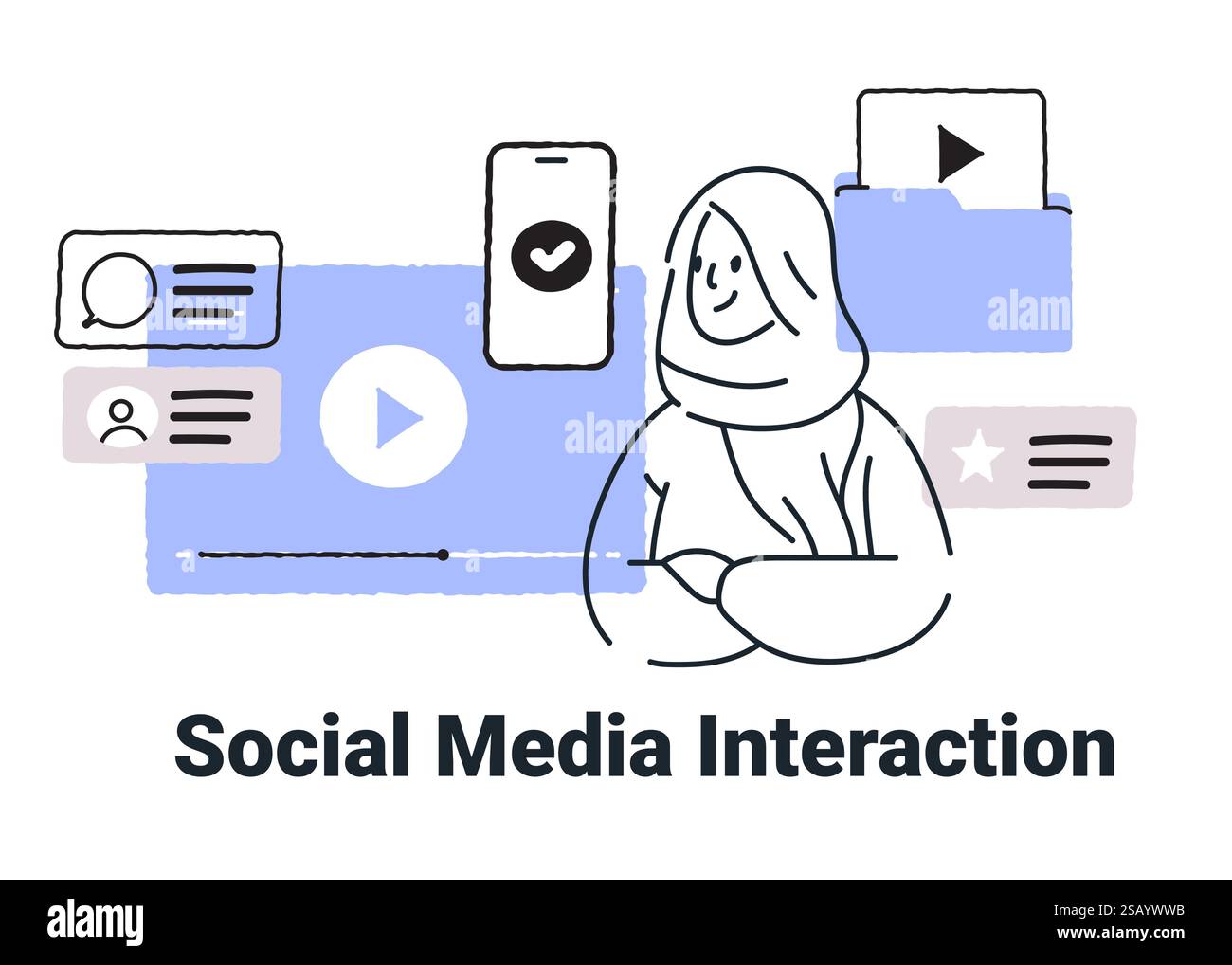 Social media interaction concept with person surrounded by icons and ...