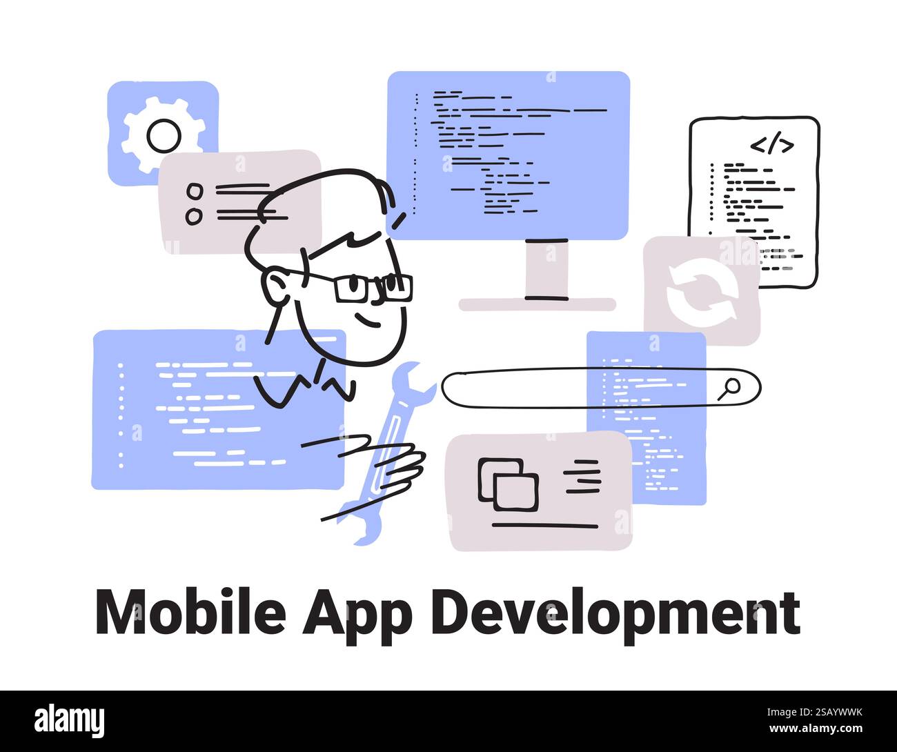 Mobile app development concept with programmer holding wrench surrounded by screens and code ...
