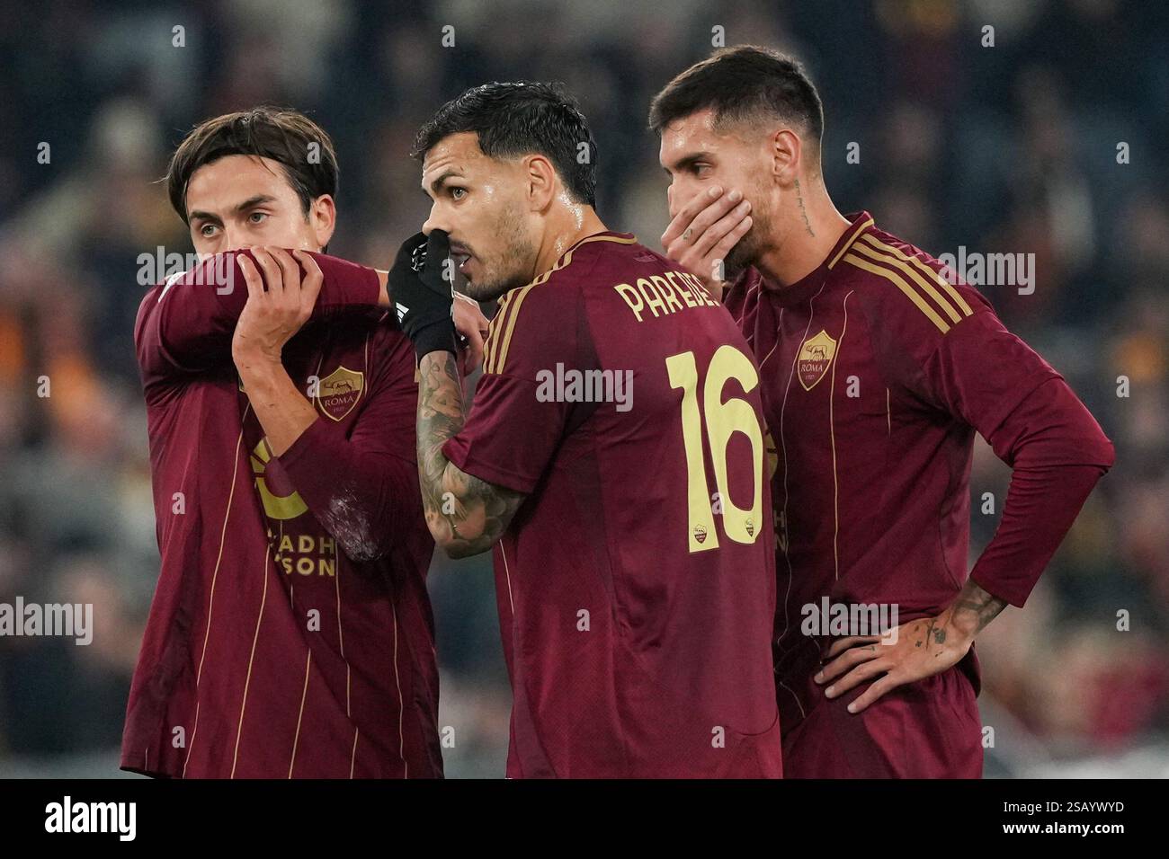 Paulo Dybala, Leandro Paredes and Lorenzo Pellegrini of AS Roma during the Europa League ...