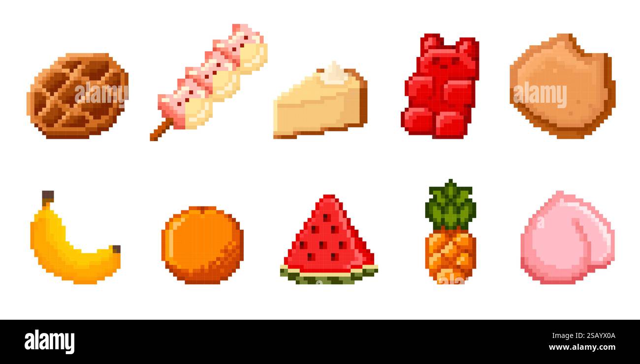 Pixel sweets and fruit icons set isolated on white. Vector cartoon ...