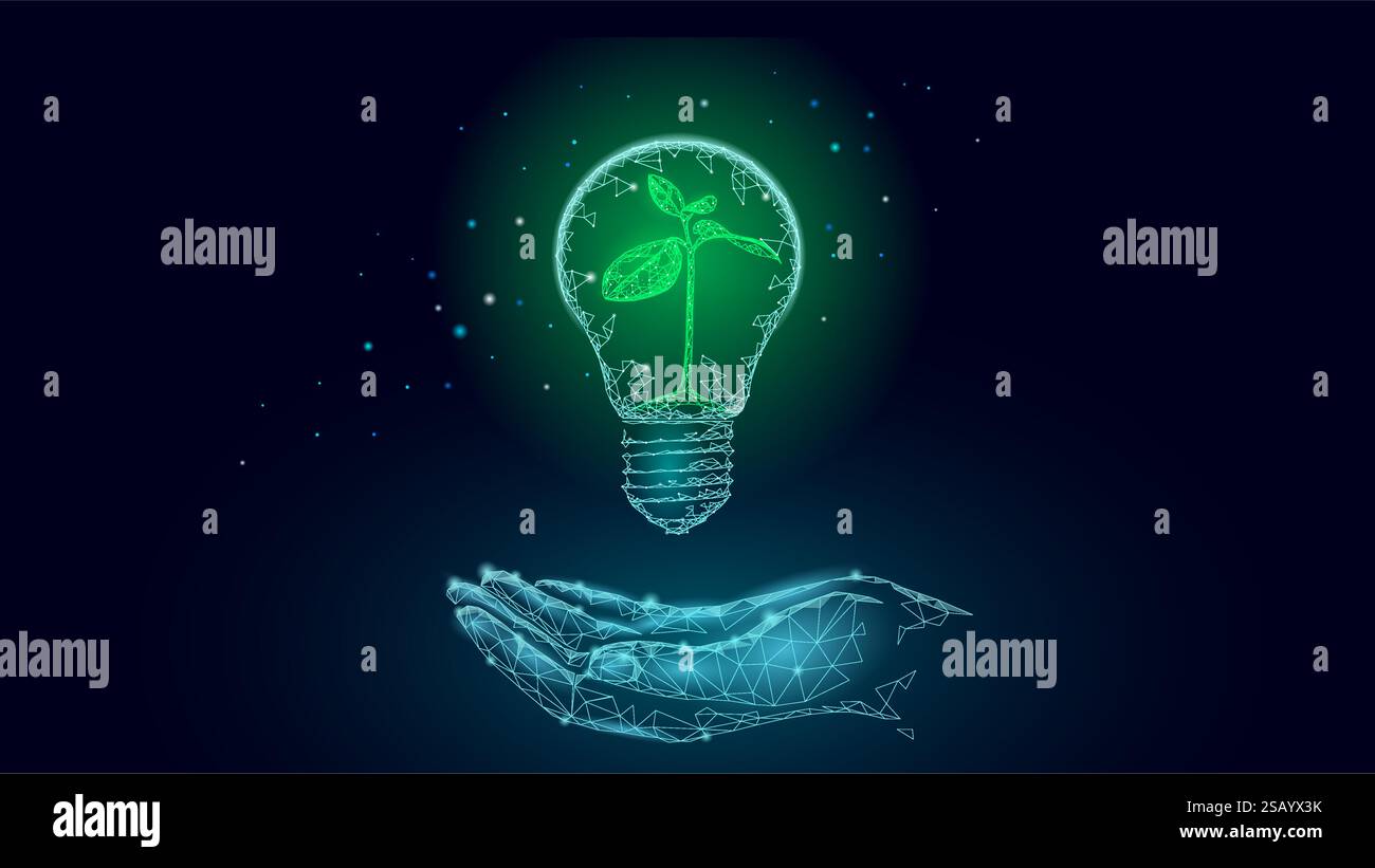 Lightbulb plant hand. Green sprout inside glowing bulb. Eco energy ...