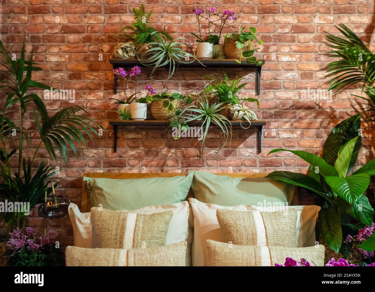 Lush house plants decorate a urban bedroom with exposed brick wall and ...