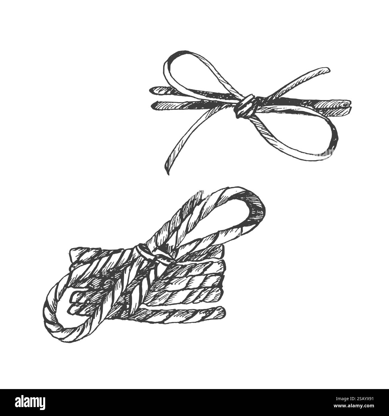 Rope tied in a bow. Graphic illustration. Vector set of two nodes. Hand ...
