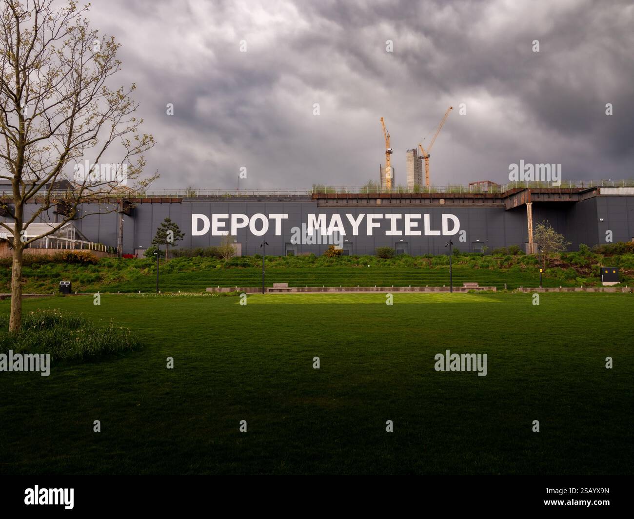 Depot Mayfield with a dramatic grey sky, seen from Mayfield Park ...