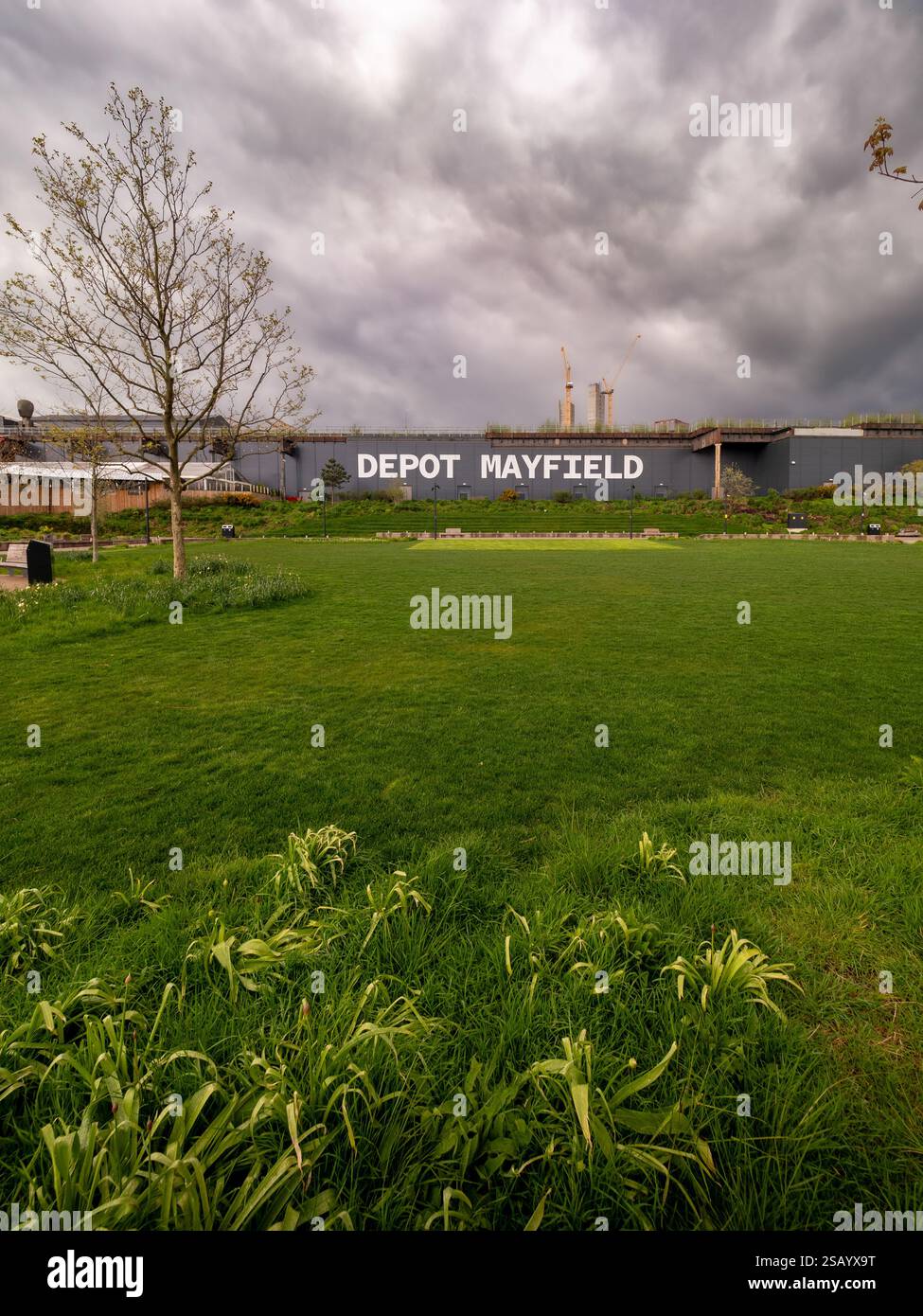 Depot Mayfield with a dramatic grey sky, seen from Mayfield Park ...