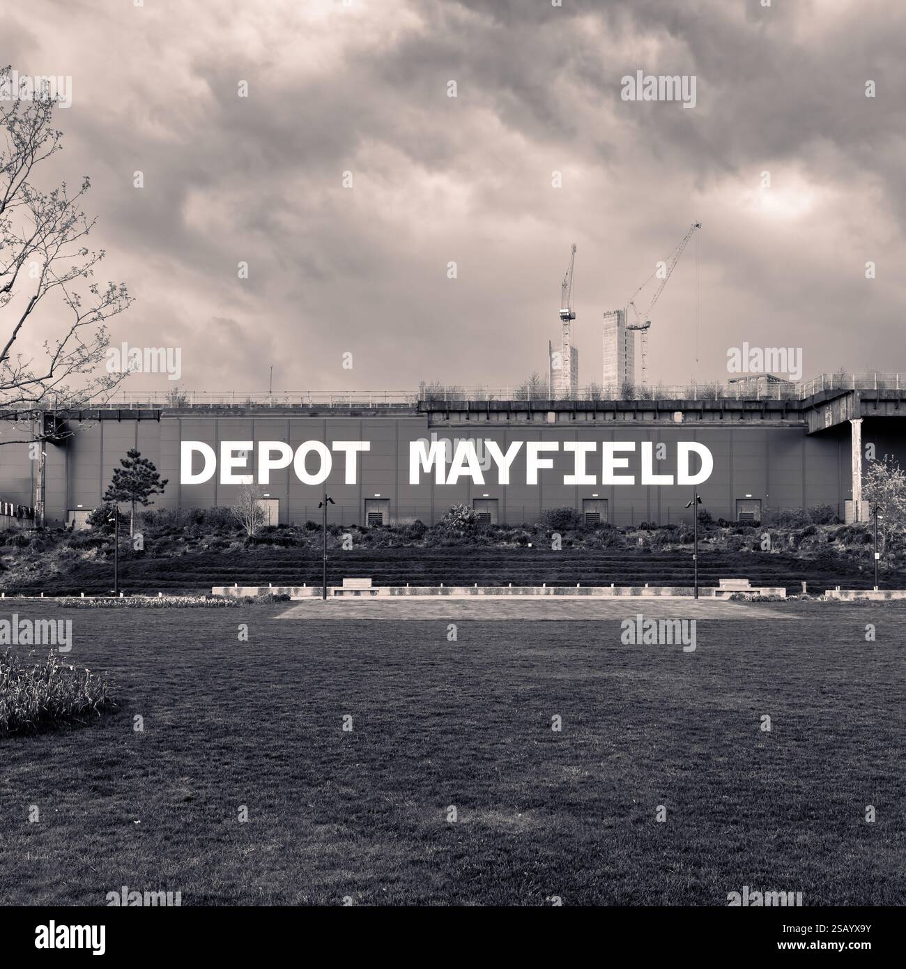 Depot Mayfield seen from Mayfield Park. Manchester in monochrome. UK ...