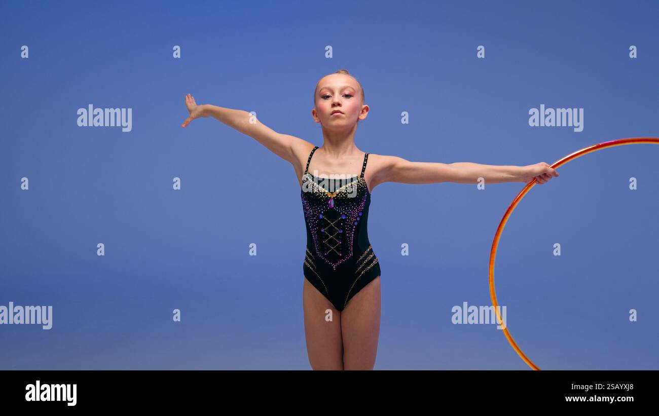 Caucasian little girl child kid daughter schoolgirl gymnast athlete ...