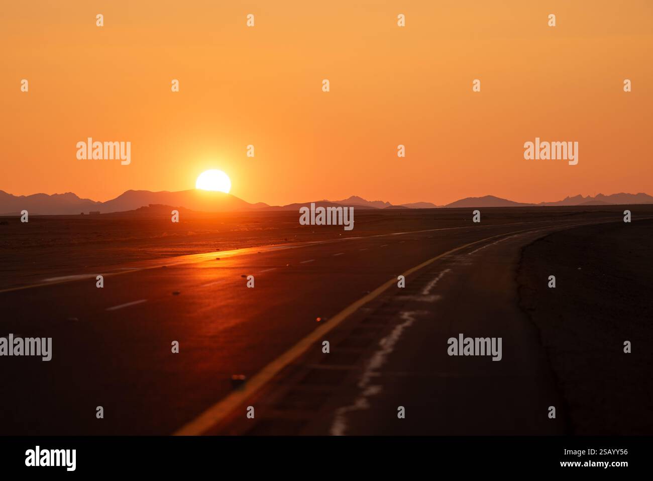 Golden Sunset Over Desert Highway Scenic Road Trip Adventure. Saudi ...