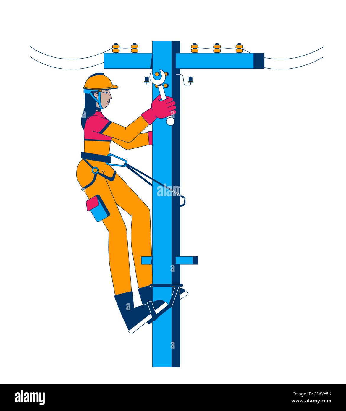 Female electrician repairing utility pole cartoon flat illustration ...