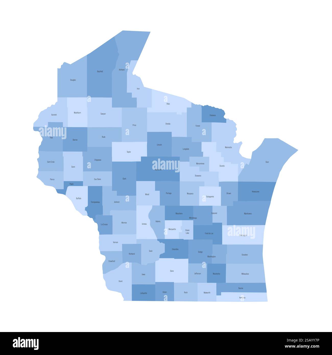 Wisconsin, WI - detailed political map of US state. Administrative map divided into counties ...