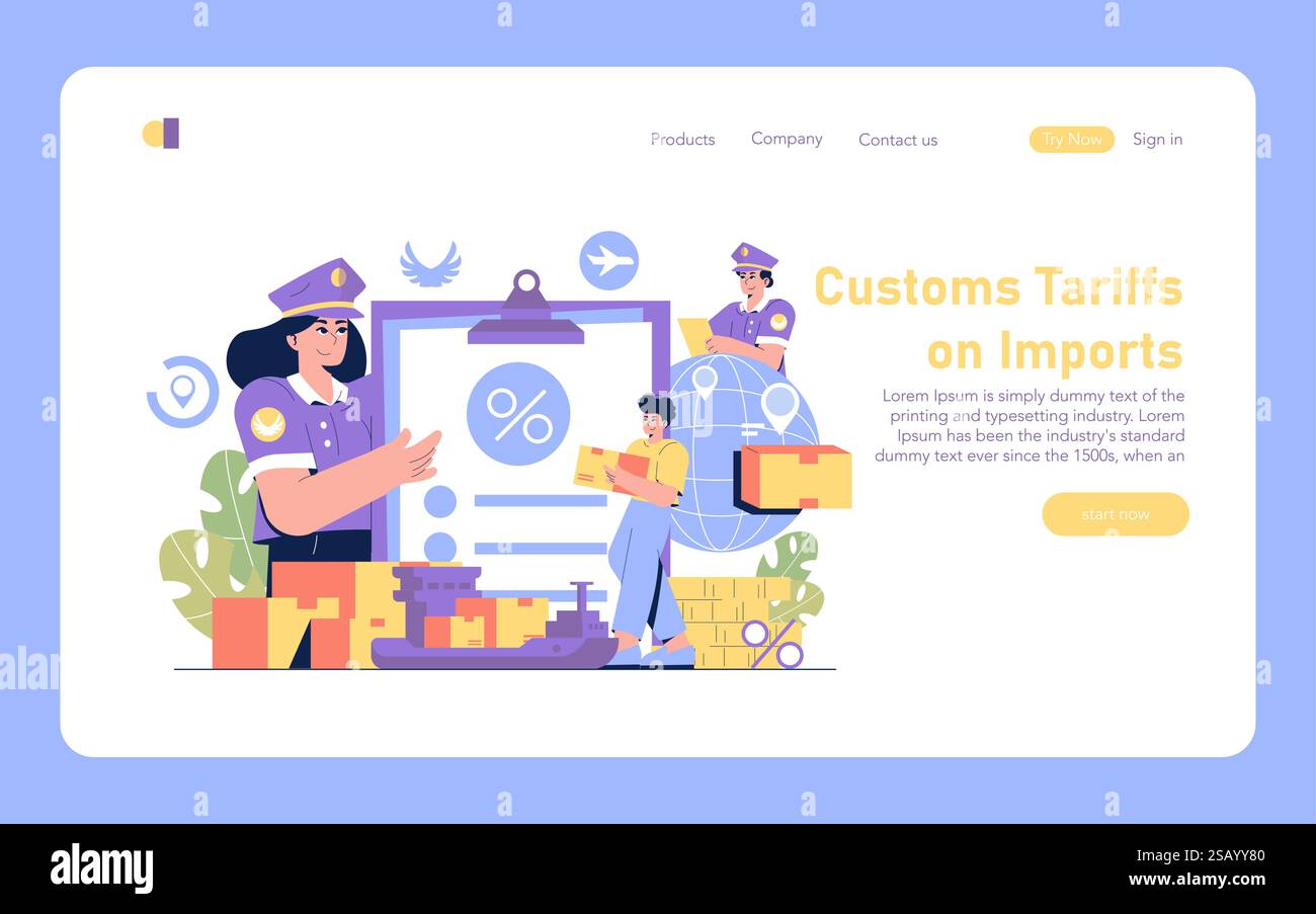 Customs Tariffs concept. Officers manage international shipments under ...
