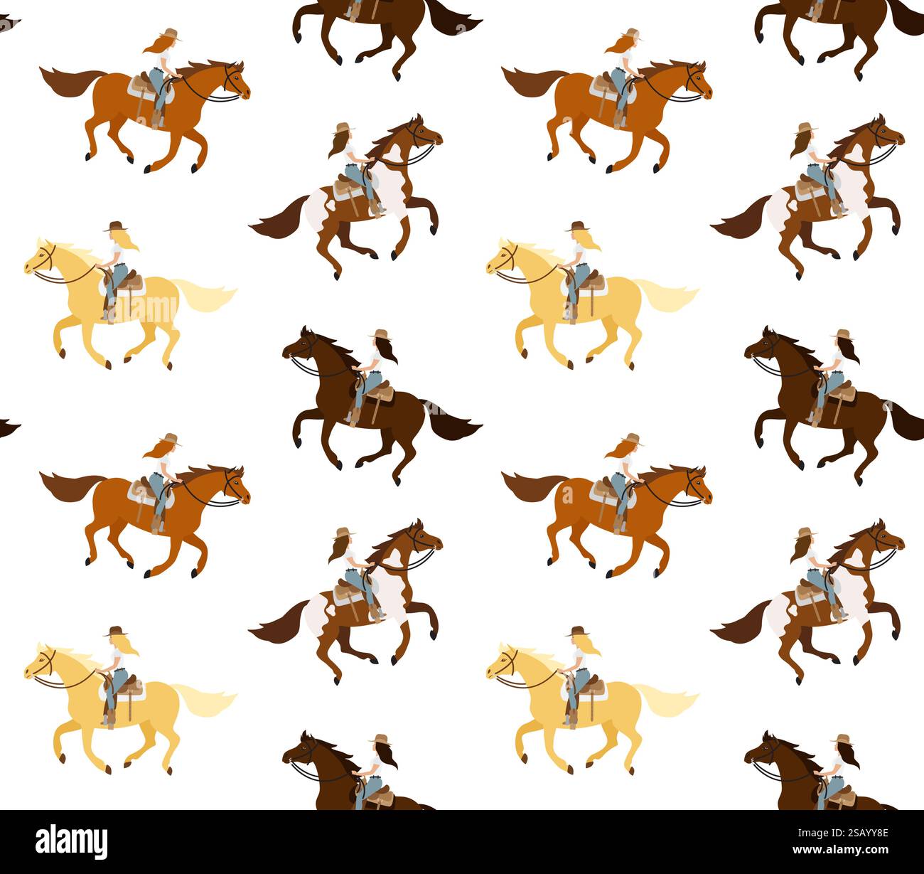 Vector seamless pattern of flat different western cowboy girl woman ...